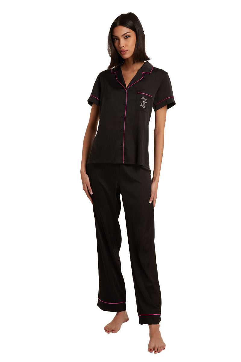 Short Sleeve Satin Collar PJ Set in Black - Juicy Couture